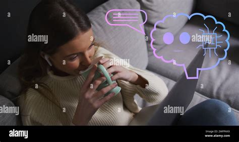 Image Of Ai Data Processing Over Caucasian Woman Using Laptop Stock