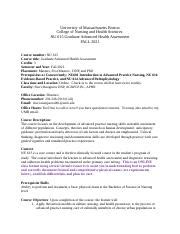 NU615 Syllabus Fall 2021 Docx University Of Massachusetts Boston College Of Nursing And