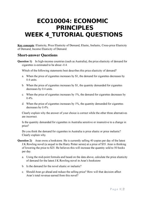 Week Tutorial Questions ECO ECONOMIC PRINCIPLES WEEK TUTORIAL QUESTIONS Key