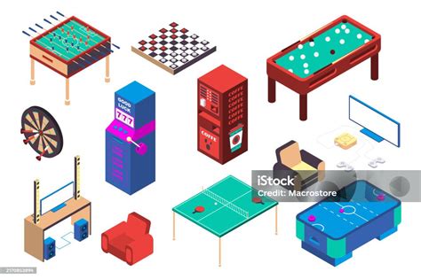 레크리에이션 룸 3d 아이소 메트릭 메가 세트 아이소메트리 그래픽 디자인 테이블 축구 체커 당구 슬롯 머신 다트 테니스 게임 콘솔 기타의 수집 요소 벡터 일러스트 레이 션