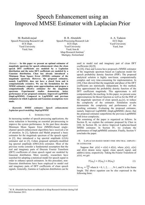 Pdf Speech Enhancement Using An Improved Mmse Estimator With Laplacian Prior