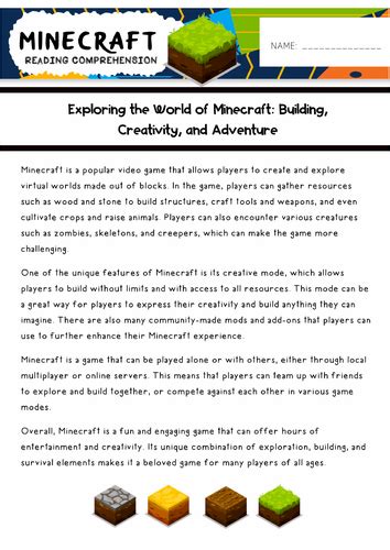 Minecraft Reading Comprehension Passage And Questions Years 4 5