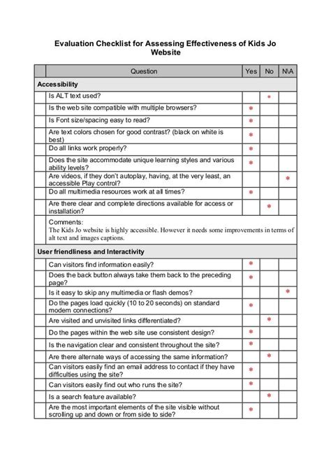 Evaluation Checklist For Assessing Effectiveness Website
