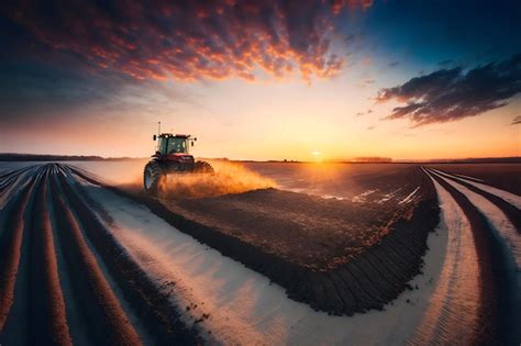 Premium Ai Image Farmer With Tractor Seeding Sowing Crops At Agricultural Field Plants Wheat