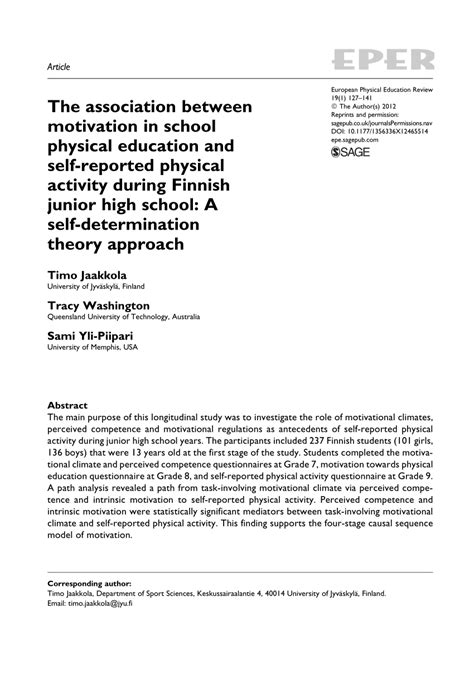 Pdf The Association Between Motivation In School Physical Education And Self Reported Physical