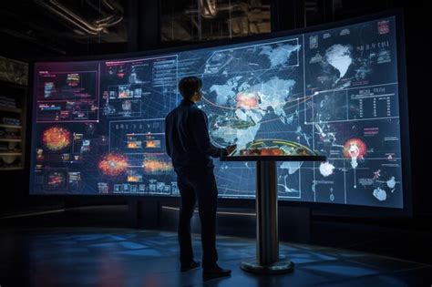 Premium Ai Image A Man Standing In Front Of A Big Futuristic Display Examining Data