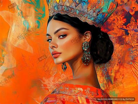 Ai创作图皇后插画 数字美女插画 妮娜女皇图片 维吾尔美女插画 女皇插画 戴皇冠的女人插画 封面人物民族美女 盛世美颜高贵的女人 王室贵族女神 写实人物插画 鼠绘模特 女王插画 数字肖像插画