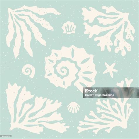 해초 산호 조개 컷 아웃 블록 인쇄 파스텔 블루와 크림 해초와 조개 휴일 콜라주 요소 세트 개체 그룹에 대한 스톡 벡터 아트 및