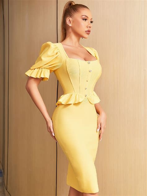 Bandage Sexy Short Puff Sleeve Elegant Ruffles Evening Club Bodycon Dress Power Day Sale