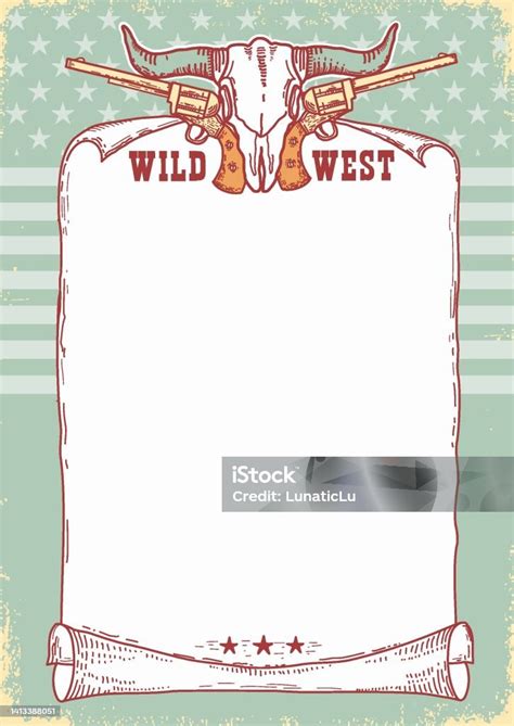 텍스트에 대한 와일드 웨스트 배경 오래된 종이에 벡터 빈티지 포스터 카우보이 웨스턴 핸드는 버팔로 두개골과 총으로 그림을