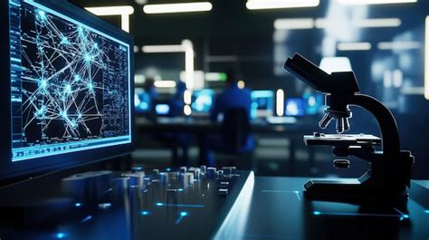 modern laboratory setup with microscope computer displays and data
