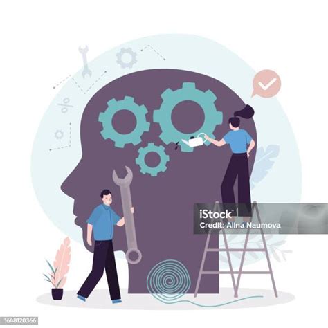 심리 치료 개념입니다 심리학자 캐릭터 또는 머리 실루엣으로 기어를 수리하는 도구를 가진 의사 창의적이고 논리적 인 과정 뇌 연구 간호사에 대한 스톡 벡터 아트 및 기타