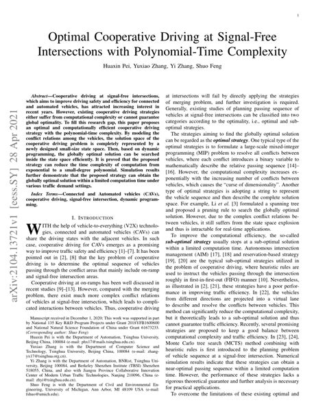 Pdf Optimal Cooperative Driving At Signal Free Intersections With Polynomial Time Complexity