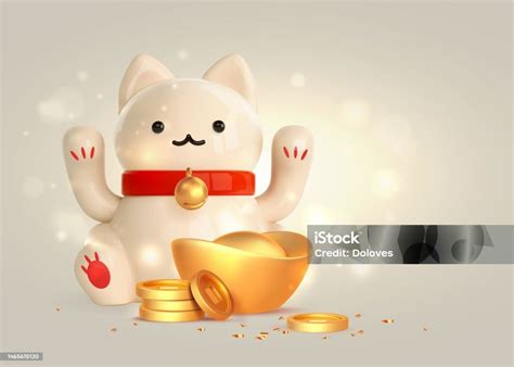 리키 돈 템플릿 3d 귀여운 마네키 네코 황금 돈 아시아 주괴 일본 행운의 손짓 고양이 상징 부 재산 행운 만화 벡터 일러스트 레이 션 동전에 대한 스톡 벡터 아트 및 기타