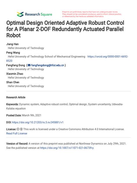 Optimal Design Oriented Adaptive Robust Control For A Planar 2 Dof Redundantly Actuated Parallel