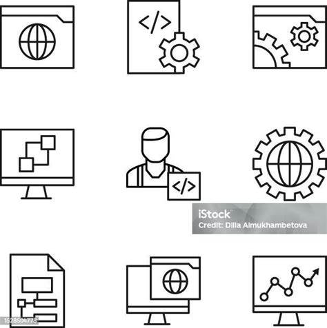 선 스타일로 그려진 벡터 격리 표지판 모음입니다 편집 가능한 획 지구본 코딩 프로그래밍 기술의 아이콘 기어 기계 부분에 대한 스톡 벡터 아트 및 기타 이미지 istock