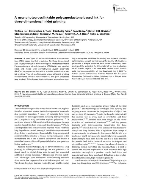 Pdf A New Photocrosslinkable Polycaprolactone Based Ink For Three Dimensional Inkjet Printing