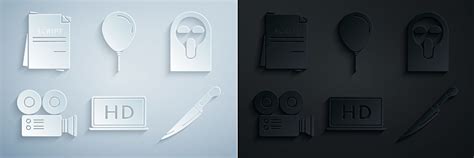 Hd 비디오 기술 재미있고 무서운 유령 마스크 시네마 카메라 칼 풍선 리본 및 시나리오 아이콘으로 노트북 화면을 설정합니다 벡터 바람에 대한 스톡 벡터 아트 및 기타 이미지