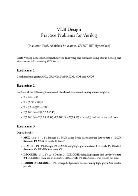 Practice Problems Verilog Vlsi Design Practice Problems For Verilog Instuctor Prof Abhishek