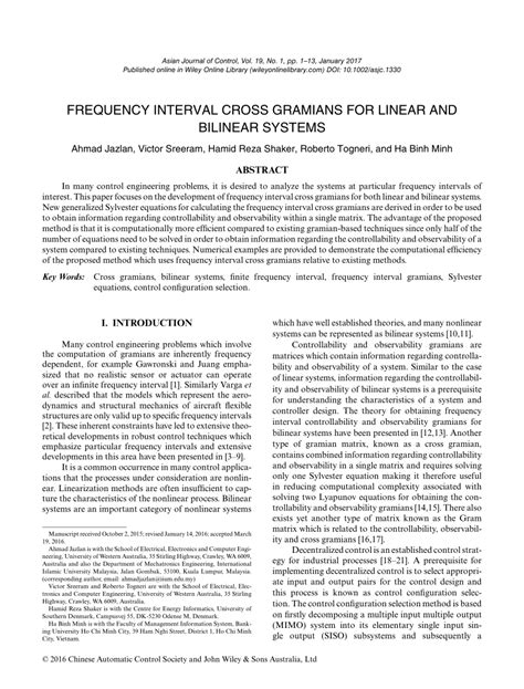 Pdf Frequency Interval Cross Gramians For Linear And Bilinear Systems Frequency Interval