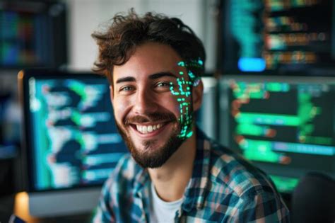 Smiling Young Caucasian Male Programmer Digital Code Face Tech Innovation Concept Premium Ai