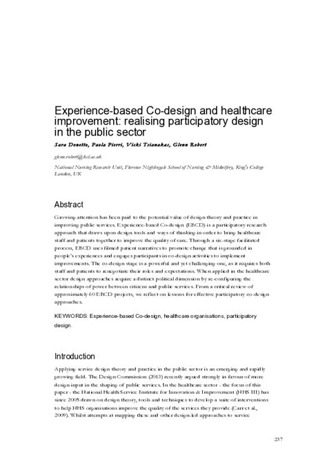 Pdf Experience Based Co Design And Healthcare Improvement Realising