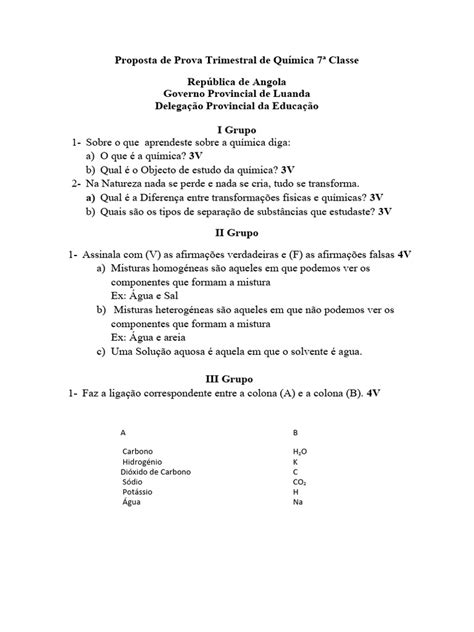 Prova Trimestral De Química Da 7 8 E 9 Classe ColÉgio Zely Pdf Química Átomos