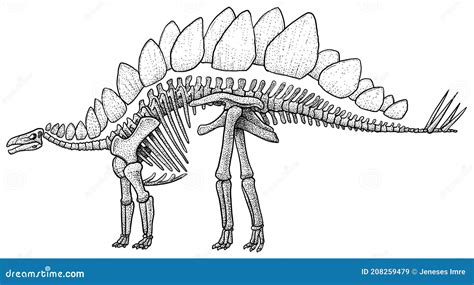 Stegosaurus Skeleton Illustration Drawing Engraving Ink Line Art