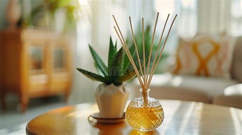 Generative Ai Close Up Of Reed Diffuser And House Plant Aloe Vera On