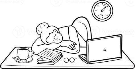 Business Woman Resting On The Desk Illustration In Doodle Style