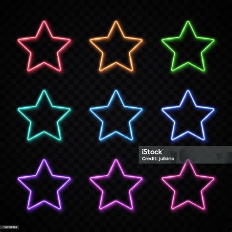 화려한 네온 별 투명 한 배경에 설정 합니다 빛나는 Led 램프 기술 별 모양 테두리 컬렉션입니다 배너 전단지 포스터 디자인