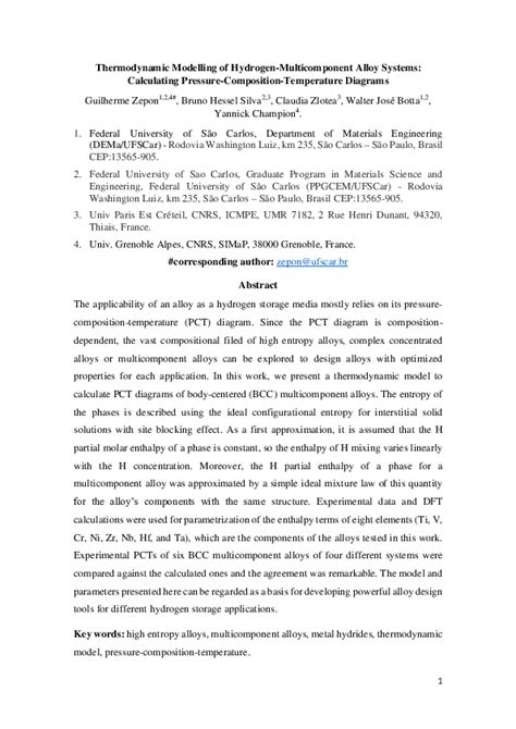 Pdf Thermodynamic Modelling Of Hydrogen Multicomponent Alloy Systems