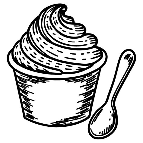 Hand Drawn Swirl Ice Cream In Cup With Spoon Beside Vintage Dessert