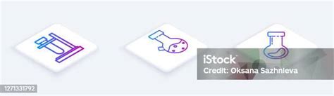 스탠드 테스트 튜브 및 플라스크 화학 및 테스트 튜브 및 플라스크 화학 물질에 등자극성 라인 테스트 튜브 플라스크를 설정합니다 흰색 정사각형 버튼 벡터 3차원 형태에 대한