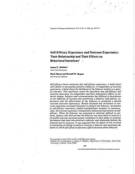 Pdf Self Efficacy Expectancy And Outcome Expectancy Their Relationship And Their Effects On