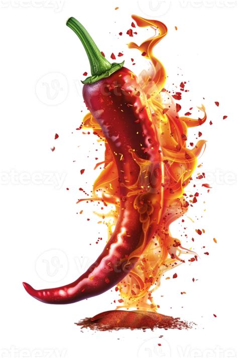 Red Hot Chili Pepper With A Splash Of Fire Isolated Against A