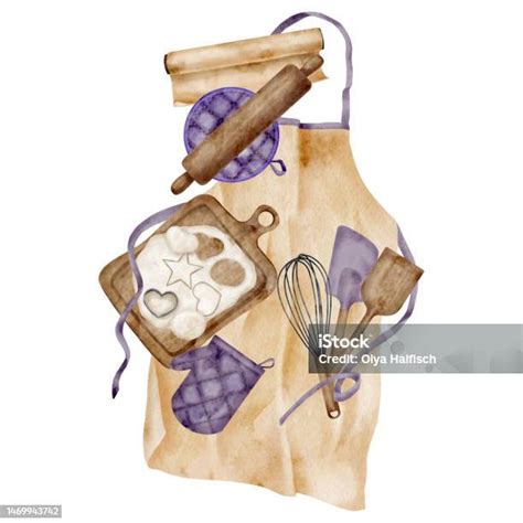 수채화 베이킹 기구 구성 손으로 그린 앞치마 롤링 핀 반죽 거품기 주걱 도마 흰색 배경에 격리된 오븐 장갑 홈 생과자 빈티지
