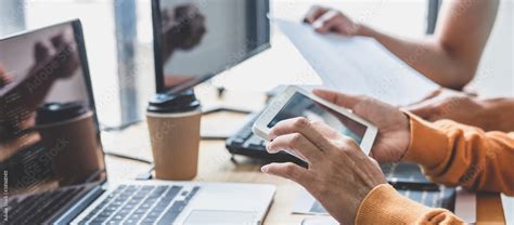 Writing Codes And Typing Data Code Technology Programmer Cooperating Working On Web Site