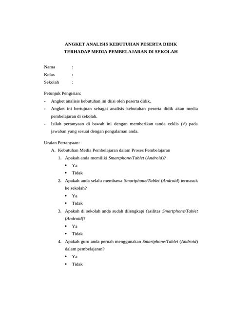 Angket Analisis Kebutuhan Peserta Didik Pdf Ilmu Sosial Komputer