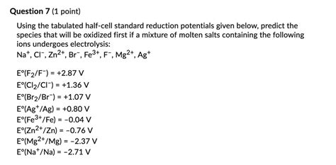 Question 7 1 Point Using The Tabulated Half Cell Standard Reduction