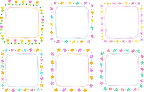 귀여운 추상 데이지 꽃 사각형 낙서 무료 손 그리기 그려진 선 테두리 프레임 화환 플레이트 세트 컬렉션 플랫 스타일 무지개