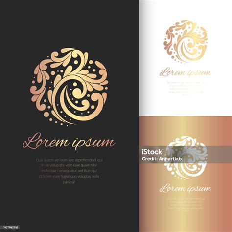 원형 모양의 나뭇잎이있는 추상적 인 황금 엠블럼 보석 아름다움 및 패션 산업에 사용할 수 있습니다 로고 모노그램 초대장 전단지