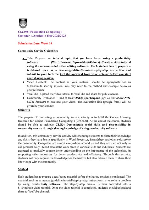 Guideline Community Service Csc098 Aug2022docx Csc098 Foundation Computing 1 Semester 1