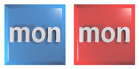 파란색과 빨간색 두 서너 광장 푸시 버튼 월요일3d 렌더링 그림 3차원 형태에 대한 스톡 사진 및 기타 이미지 3차원 형태