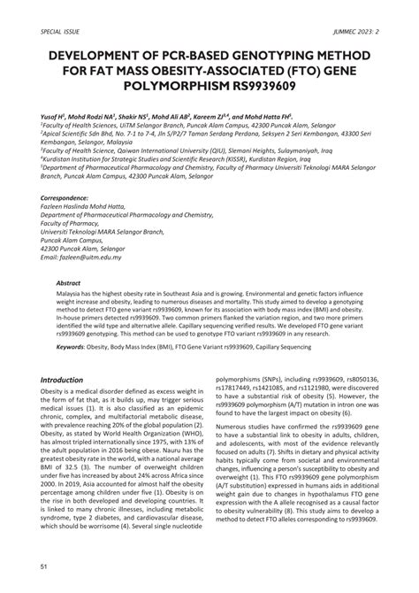 Pdf Development Of Pcr Based Genotyping Method For Fat Mass Obesity
