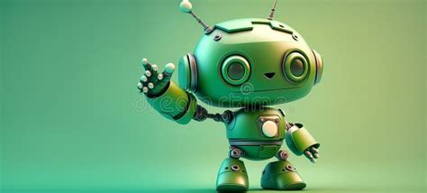 Cute Mini Robot Pointing Fingers At Copy Space On Green Background Generative Ai Stock