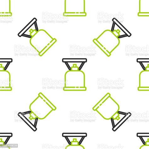 라인 캠핑 가스 스토브 아이콘 흰색 배경에 절연 원활한 패턴 휴대용 가스 버너 하이킹 캠핑 장비 벡터 가열장치에 대한 스톡 벡터