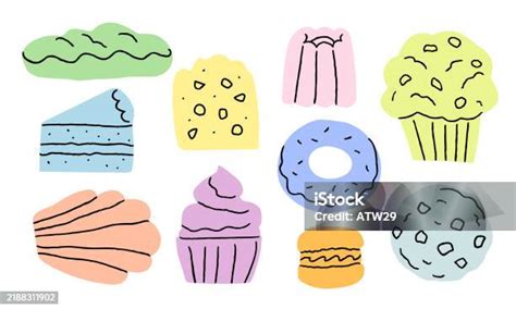 베이커리 과자의 종류 세트 거친 손으로 그린 그림 벡터입니다 케이크 컵케이크 머핀 까넬레 쿠키 도넛 마들렌 에클레어 마카롱 개체 그룹에 대한 스톡 벡터 아트 및 기타 이미지