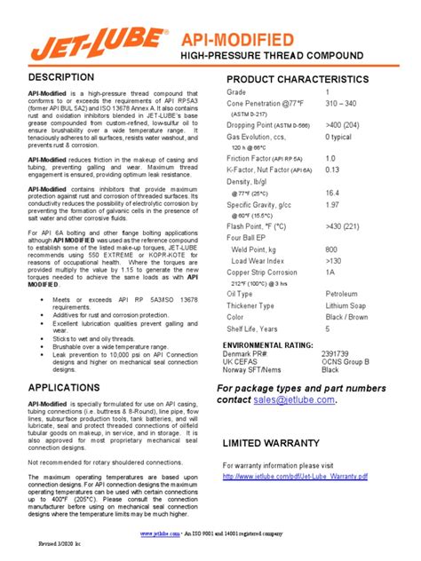 Jet Lube Api Modified High Pressure Thread Compound Download Free Pdf