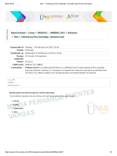 Task 1 Checking My Prior Knowledge Evaluation Quiz Revisión Del Intento Pdf